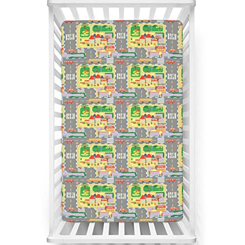 Car Race Track Themed Fitted Crib Sheet,Standard Crib Mattress Fitted Sheet Ultra Soft Material-Baby Sheet for Boys Girls, 28“ x52“,Multicolor