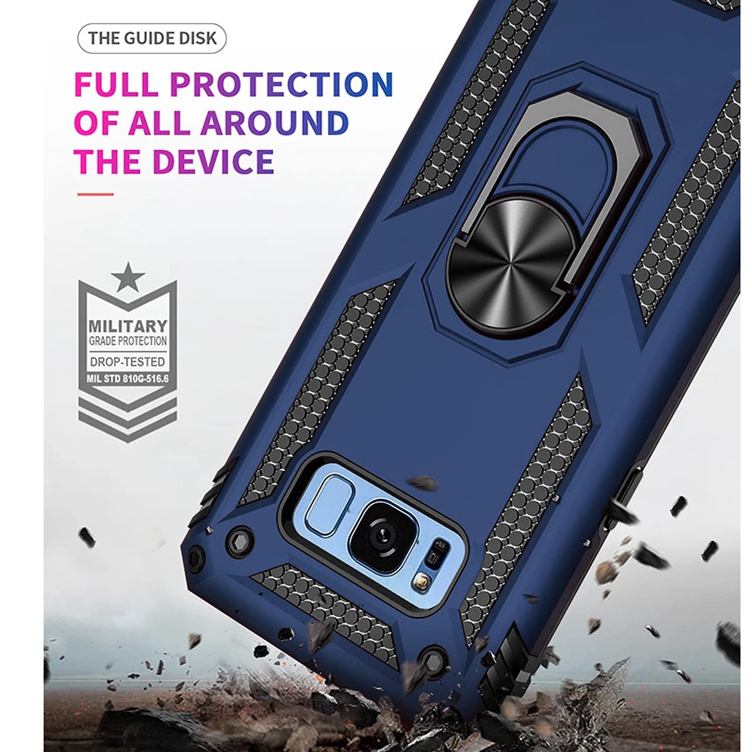 STARSHOP Samsung Galaxy S8 Plus Case, with [Tempered Glass Screen Protector Included] Military Grade Shockproof Dual Layer Protective Phone Cover with Metal Ring Kickstand - Navy