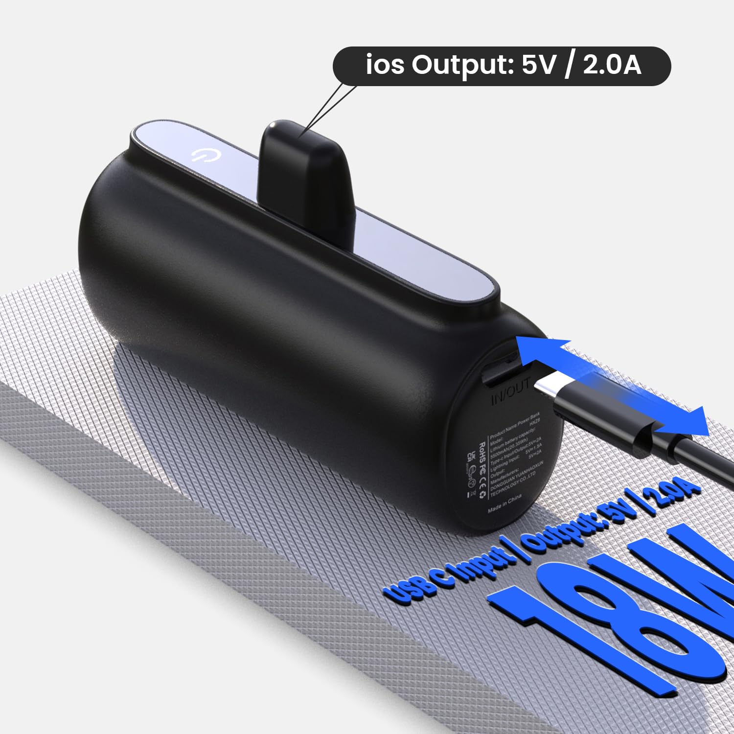 HUAENG Small Portable Charger 5500mAh Power Bank Plug in iOS Connector, 18W PD Fast Charging External Battery Pack Compatible with All iPhone 14 13 12 11 pro max xs iPad and Airpods-Black