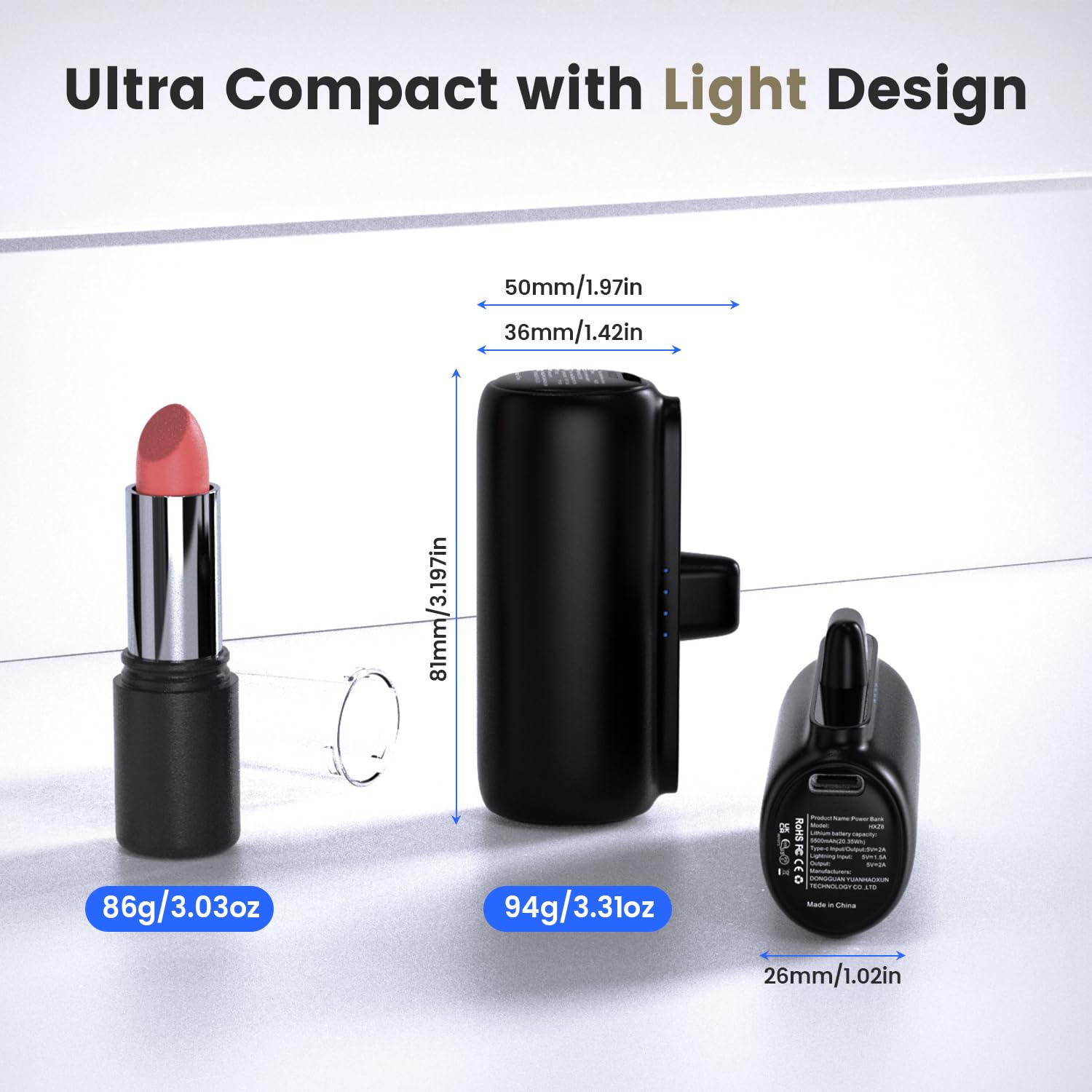 HUAENG Small Portable Charger 5500mAh Power Bank Plug in iOS Connector, 18W PD Fast Charging External Battery Pack Compatible with All iPhone 14 13 12 11 pro max xs iPad and Airpods-Black