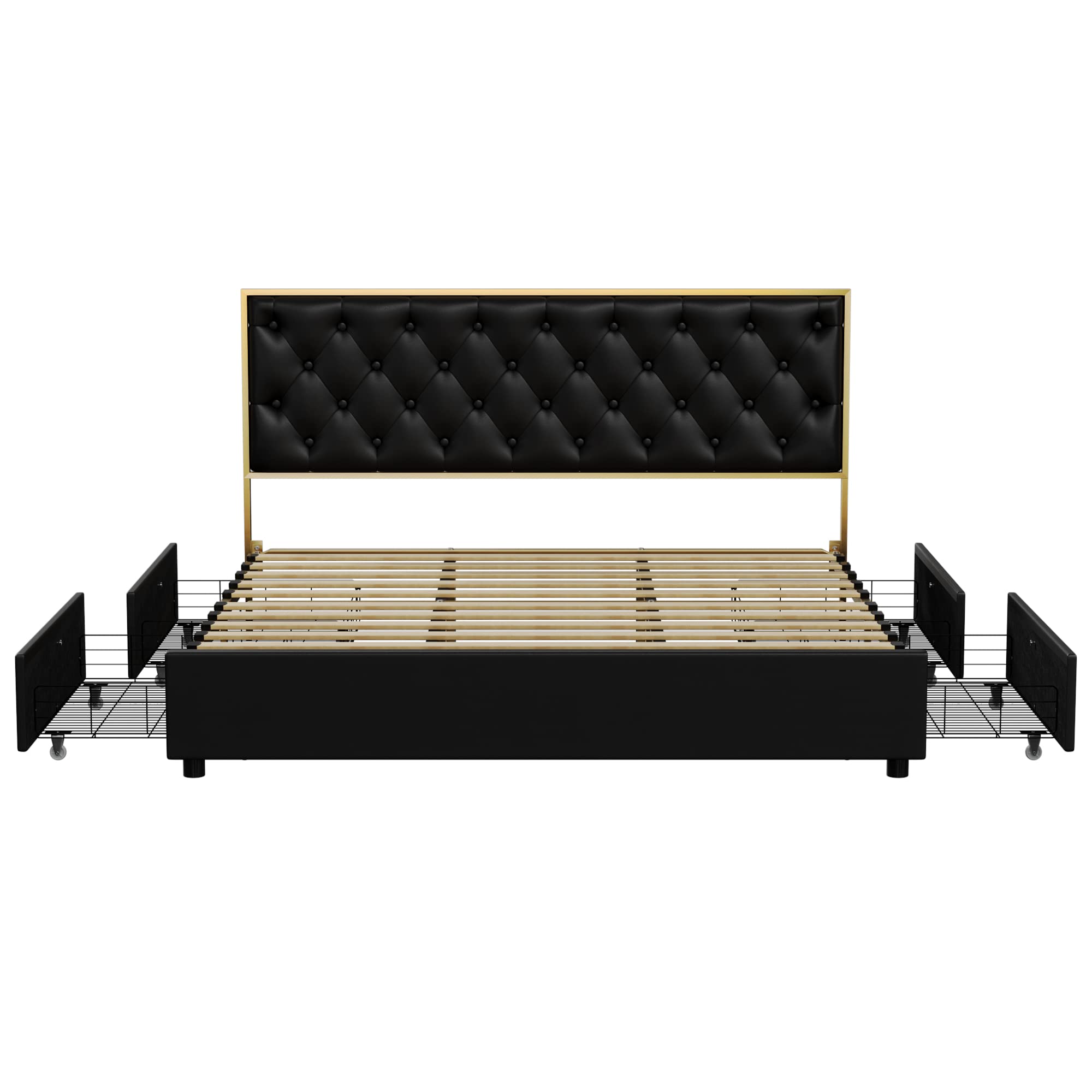 HIFIT King Upholstered Bed Frame with 4 Storage Drawers and Handmade Button Tufted Headboard, Modern PU Leather King Platform Storage Bed with Solid Wooden Slats, No Box Spring Needed, Golden & Black