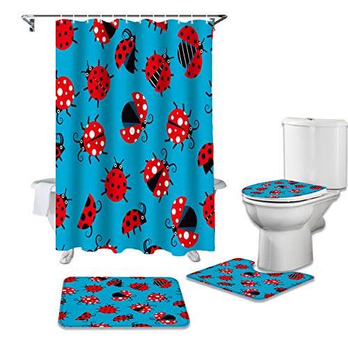 4 Piece Shower Curtain Sets Cute Ladybug Red Black Carapace Insect Dense Animal Blue Non-Slip Rug, Toilet Lid Cover, Bath Mat Waterproof Shower Curtain Bathroom Sets with 12 Hooks Bath Decor
