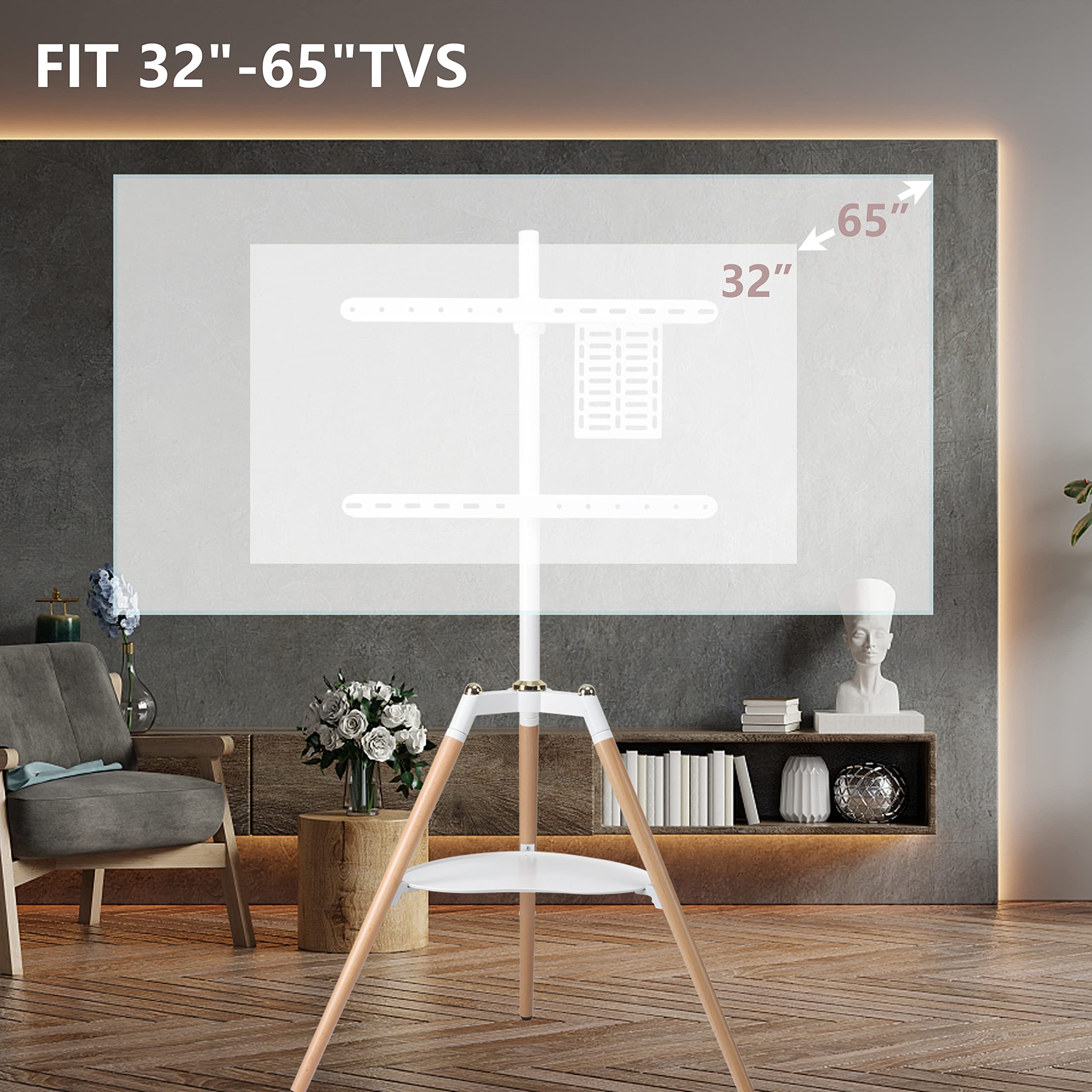 Fydeamer Universal Tripod Easel TV Stand for 32-65 inch LED LCD Screen Flat Curved Screen, Height Adjustable Studio TV Display Stand with 140° Swivel for Bedroom, Living Room, Corner TV Stand (White)