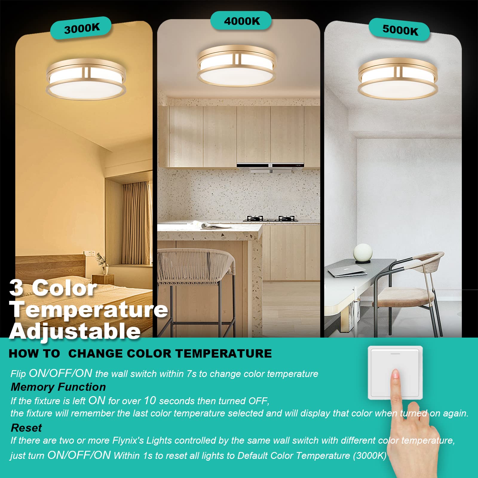 Flynix 12.5 Inch LED Flush Mount Ceiling Light Fixture, 26W, Super Bright 1700 Lumens, 3 Color 3000K/4000K/5000K, Dimmable Ceiling Lamp for Bedroom Hallway Bathroom Kitchen (Gold)