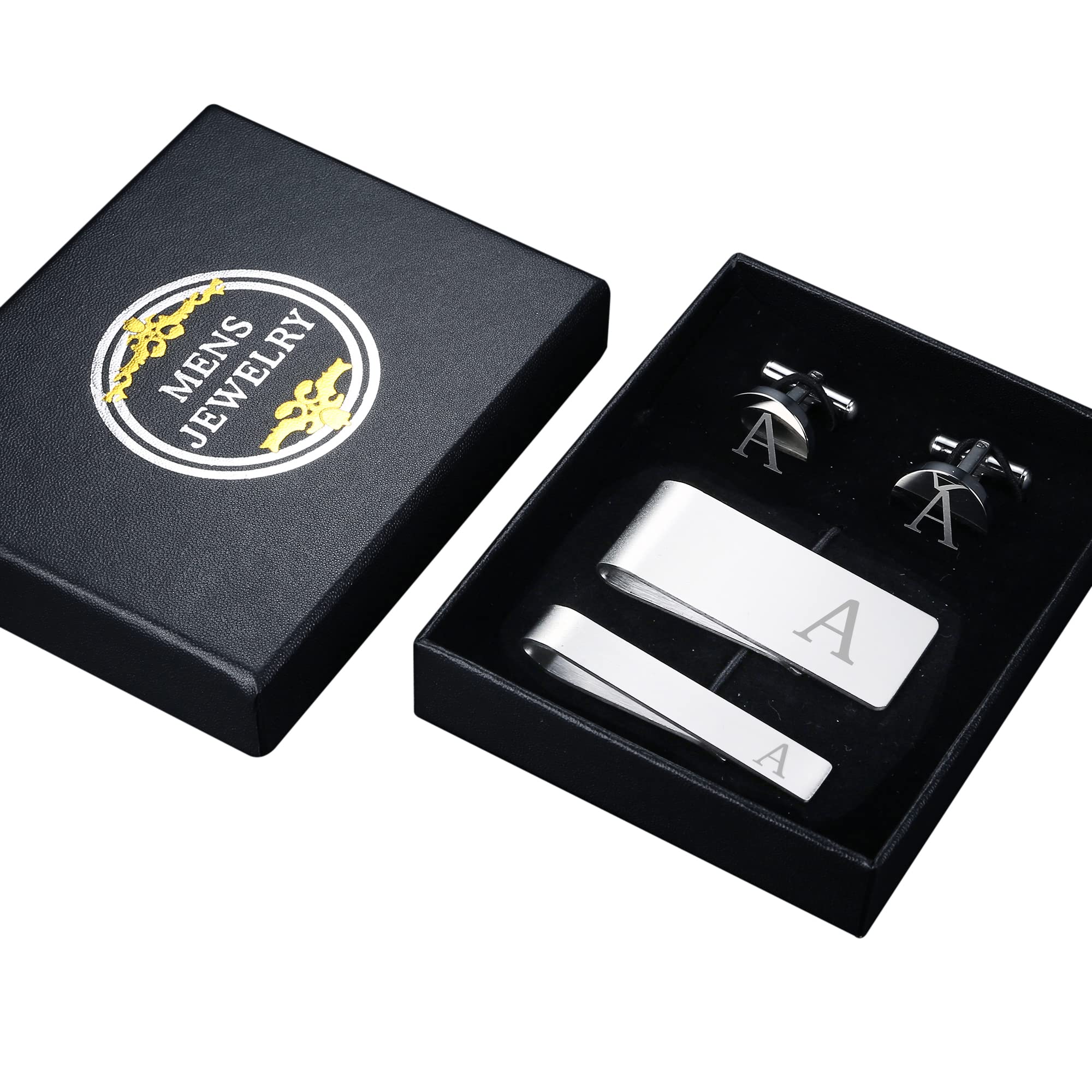 LOYALLOOK 4Pcs Stainless Steel Engraved Initial Cufflinks and Tie Bar Money Clip Set Personalized Button Shirt Initials Tie Clip Alphabet Letter A-Z for Best Man Groom Wedding Business Letter J