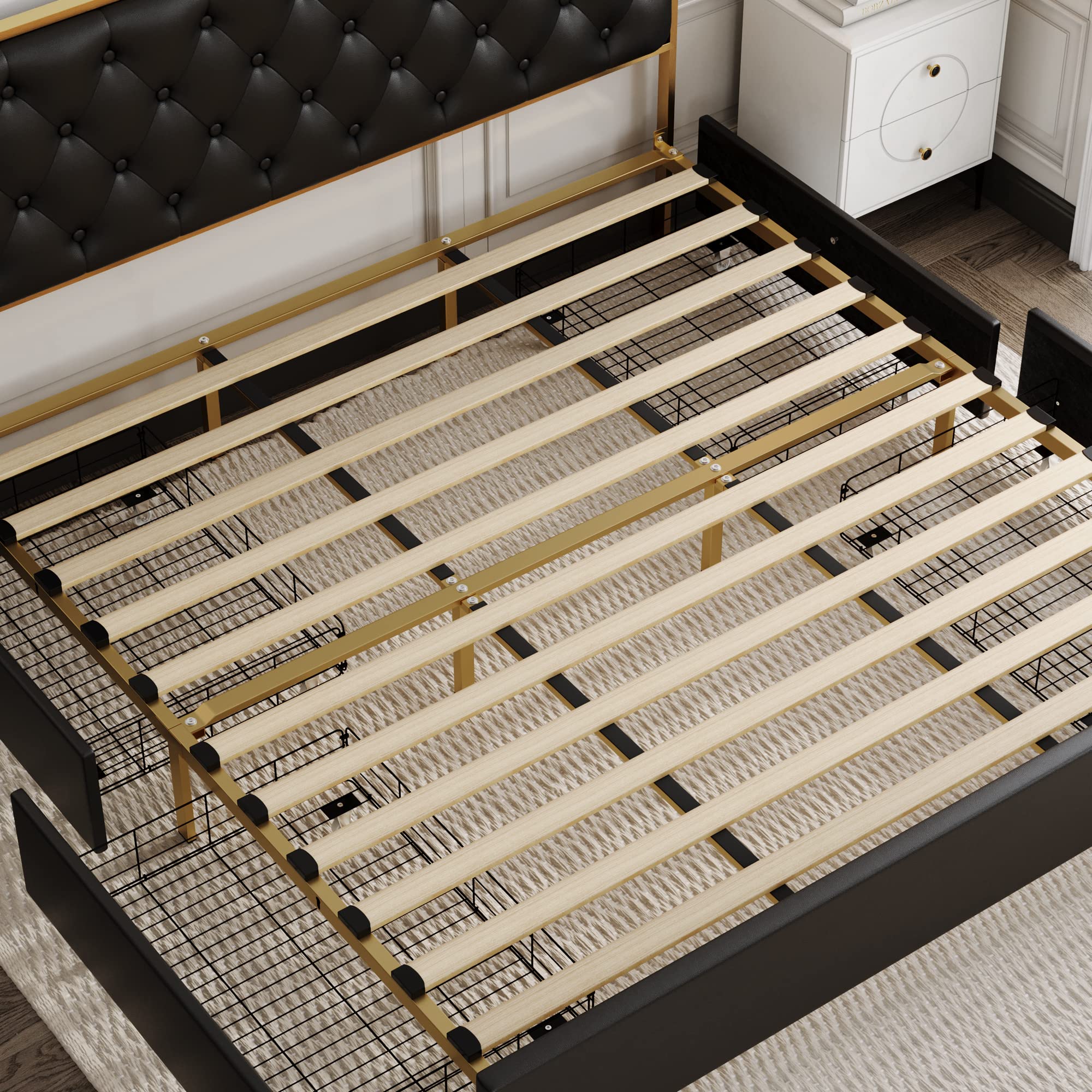 HIFIT King Upholstered Bed Frame with 4 Storage Drawers and Handmade Button Tufted Headboard, Modern PU Leather King Platform Storage Bed with Solid Wooden Slats, No Box Spring Needed, Golden & Black