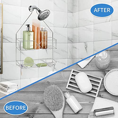 TreeLen Hanging Shower Caddy over Shower Head Bathroom Shower Organizer Rustproof with 4 Hooks for Razor Small Shampoo Racks for Shower Storage Shelf Holder-Chrome-Stainless Steel