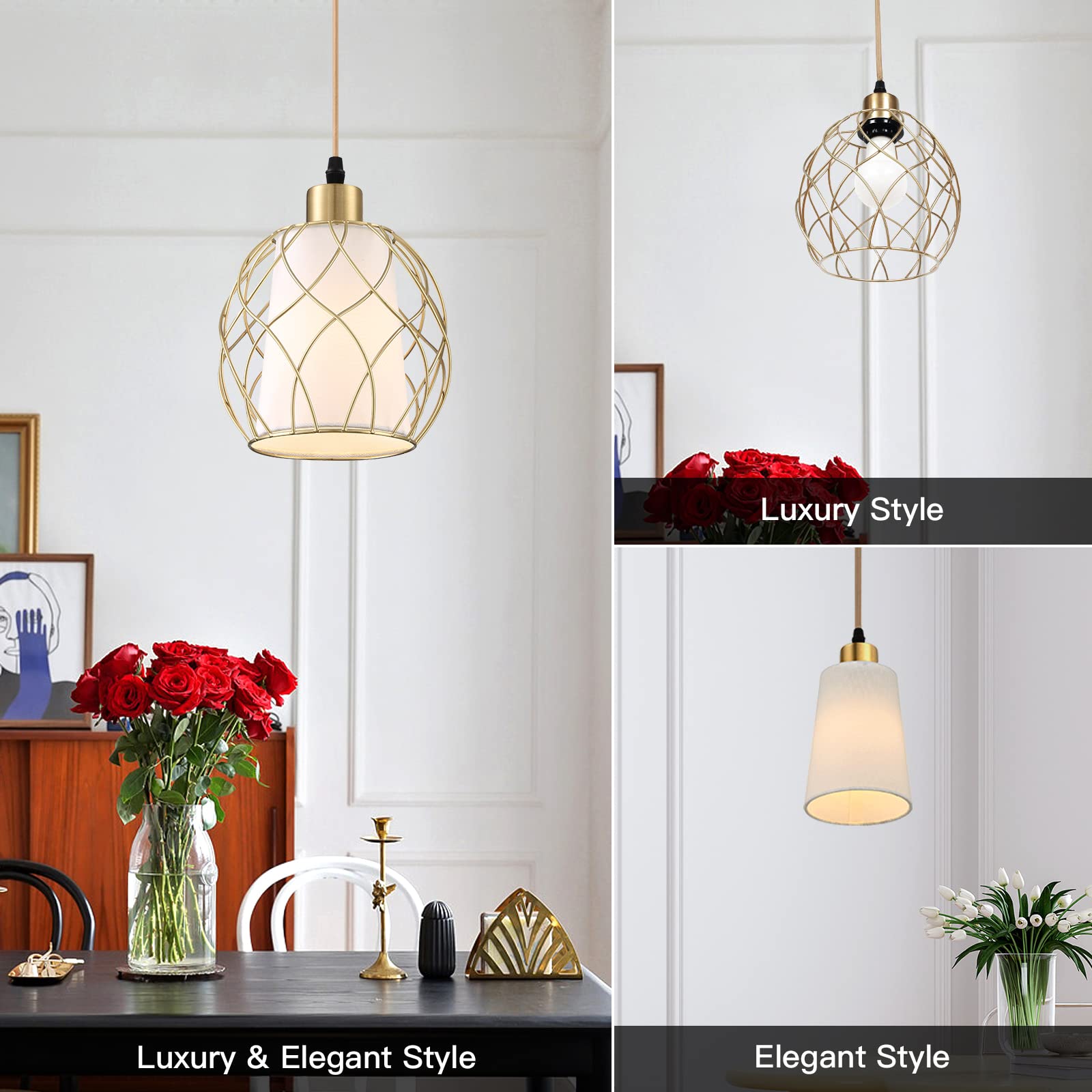 Ruzectt Plug in Pendant Light,Hanging Light with Plug in Cord,Gold Hanging Lamp with Dimmable Switch,15 ft Golden Cotton Cord,Hanging Light Fixture for Kitchen Living Room Bedroom (Bulb Included)