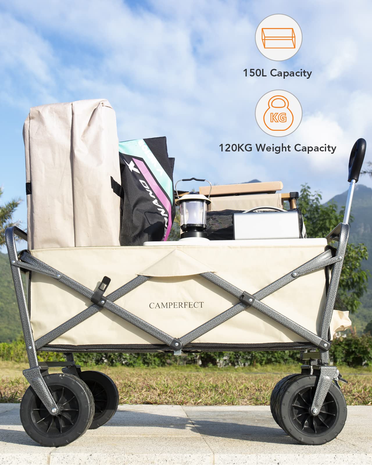 CAMPERFECT Beach Wagon with Big Wheels - All-Terrain Outdoor Cart for Camping, Sports, Shopping - Foldable Wagon with Adjustable Handle