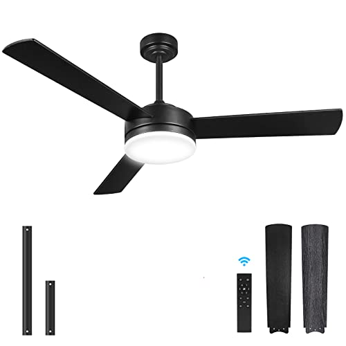 nkorka Black Ceiling Fans with Lights and Remote, Modern Ceiling Fan 52 Inch, Indoor Outdoor Ceiling Fans with Lights, 20W 3-Color LED Light, Noiseless Reversible DC Motor