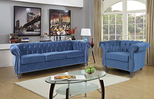 wirrytor 2 Pieces of Living Room Furniture Chesterfield Sofa Sets, Velvet Chesterfield Sofa&Chesterfield Club Chair Sofas Set with Nailhead Trim Scroll Arms(Blue)
