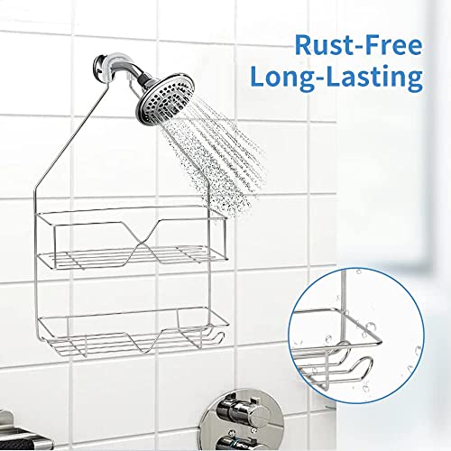 TreeLen Hanging Shower Caddy over Shower Head Bathroom Shower Organizer Rustproof with 4 Hooks for Razor Small Shampoo Racks for Shower Storage Shelf Holder-Chrome-Stainless Steel