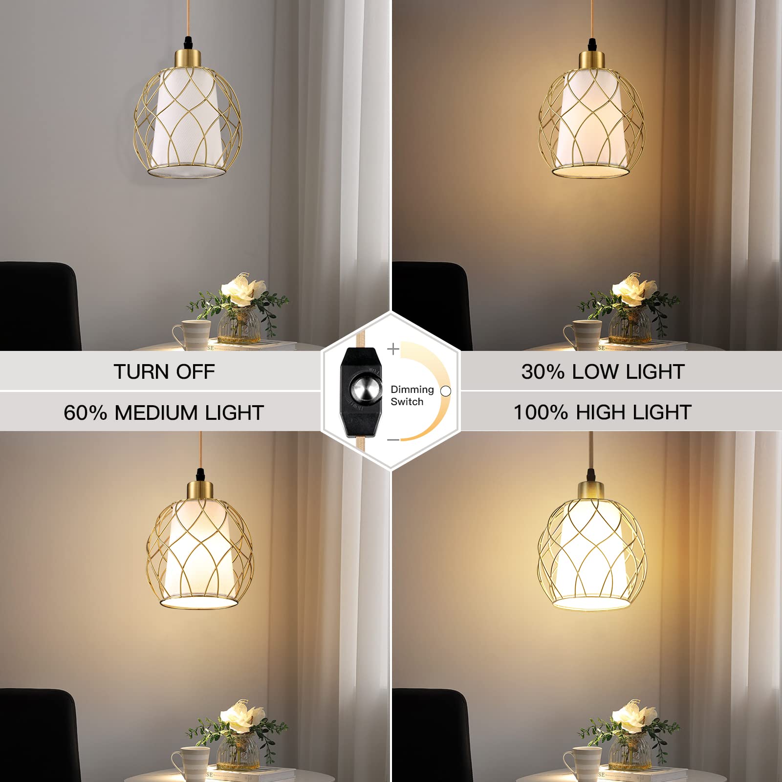 Ruzectt Plug in Pendant Light,Hanging Light with Plug in Cord,Gold Hanging Lamp with Dimmable Switch,15 ft Golden Cotton Cord,Hanging Light Fixture for Kitchen Living Room Bedroom (Bulb Included)