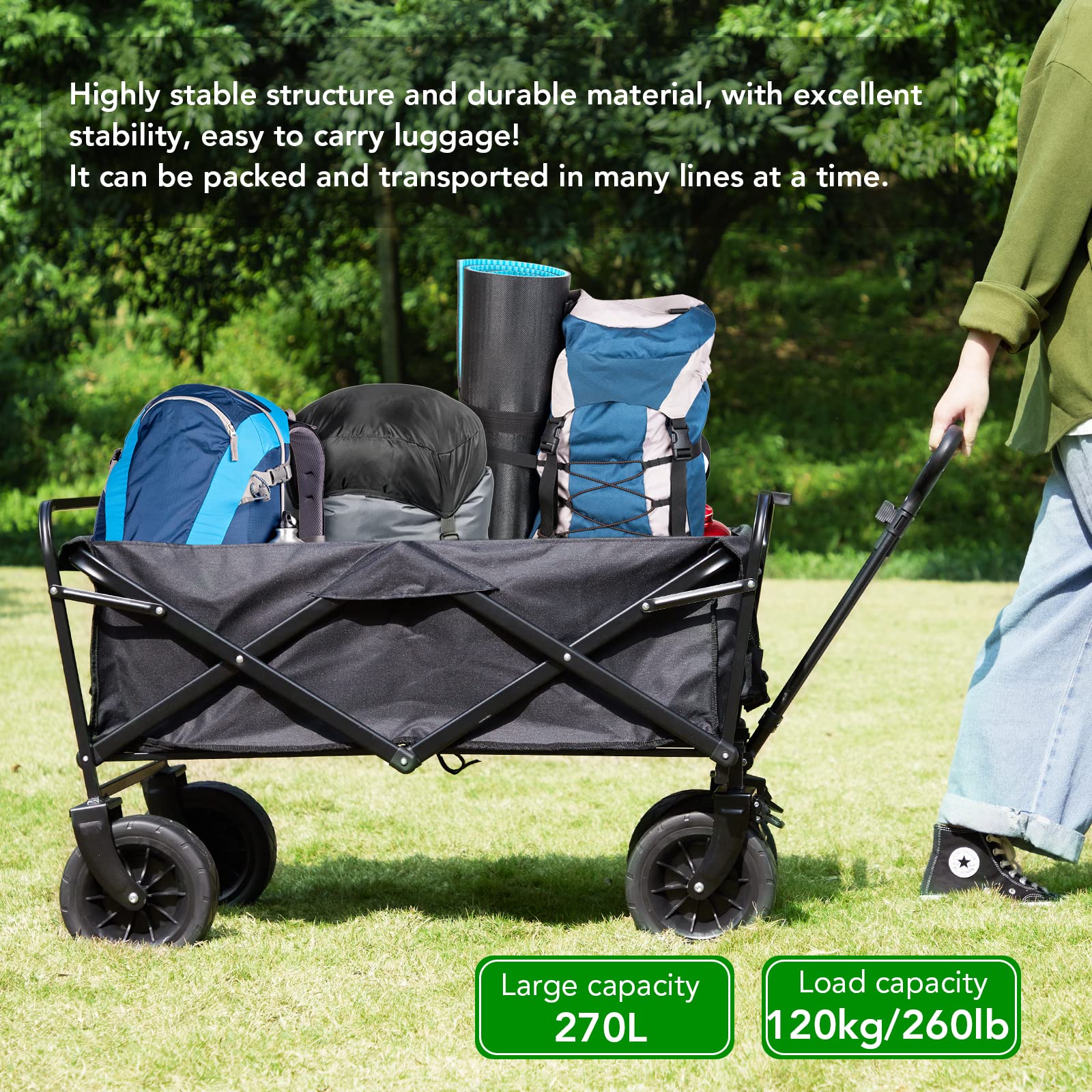 Towallmark Collapsible Folding Outdoor Camping Wagon, Park Utility Wagon Picnic Camping Cart with 8" All Terrain Wheels, Iron Folding Table top, 4 Plate mats
