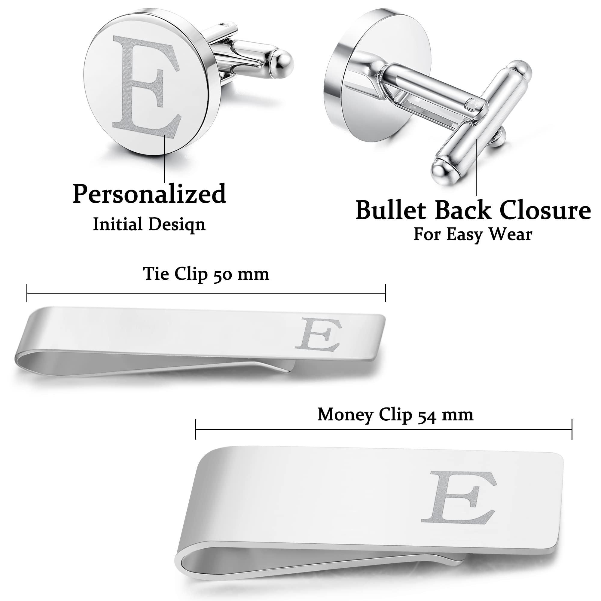LOYALLOOK 4Pcs Stainless Steel Engraved Initial Cufflinks and Tie Bar Money Clip Set Personalized Button Shirt Initials Tie Clip Alphabet Letter A-Z for Best Man Groom Wedding Business Letter J