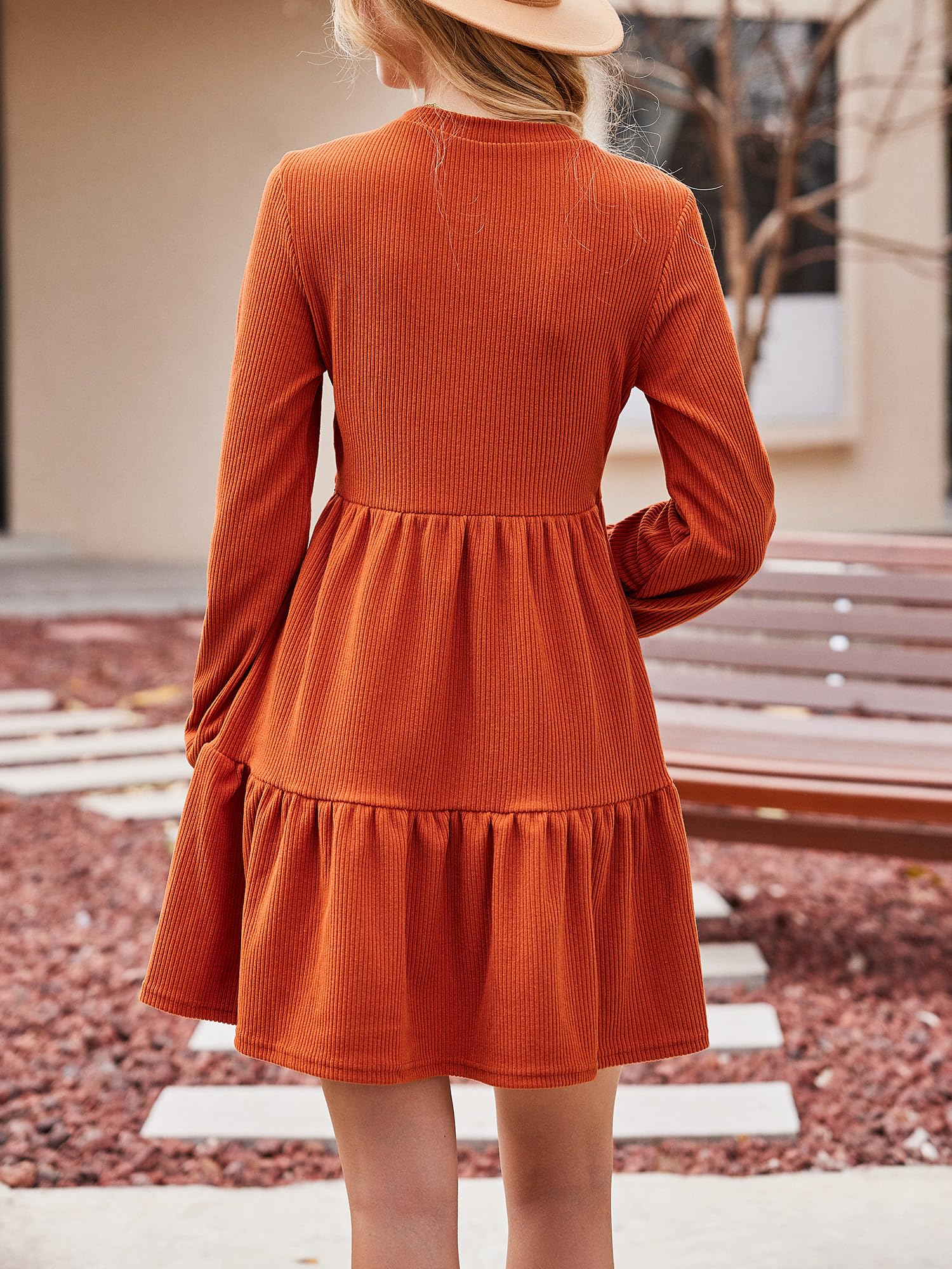 CUPSHE Women's Knitted Dresses Casual Long Sleeve Crew Neck Flowy Tiered Burnt Orange