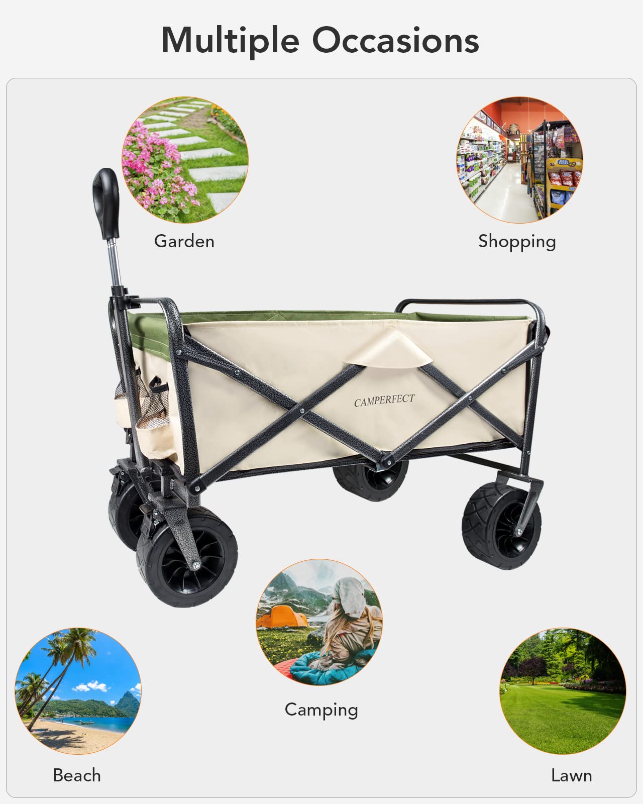 CAMPERFECT Beach Wagon with Big Wheels - All-Terrain Outdoor Cart for Camping, Sports, Shopping - Foldable Wagon with Adjustable Handle
