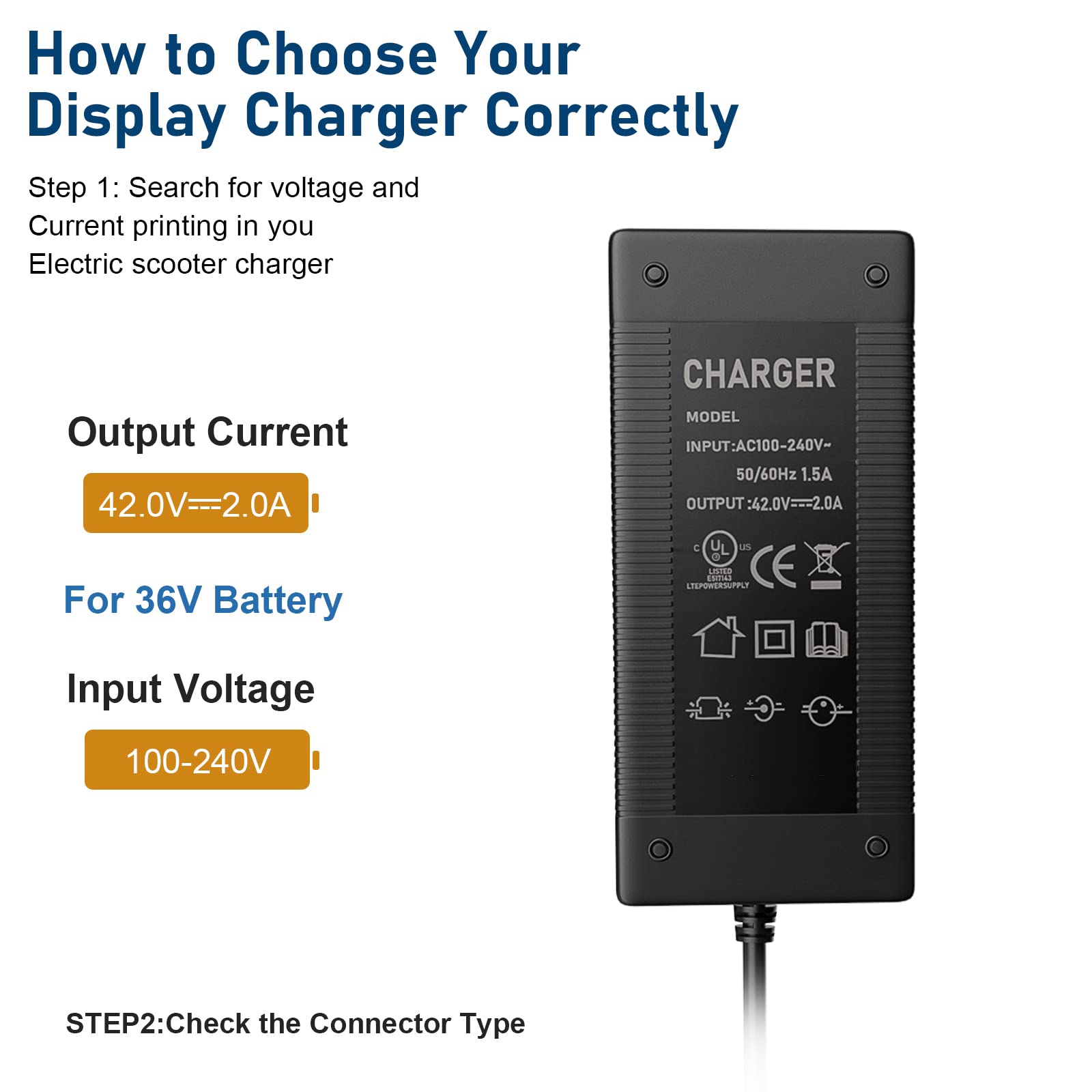SoulBay 42V Electric Scooter Charger for Hover-1 Gotrax Scooters 36V Lithium Battery Bike E-Bike, AC 100-240V to DC 42V 2A Battery Charger Replacement, 1 Prong 5.5mm Round Tip