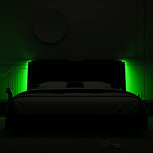 Keyluv Modern Upholstered Bed Frame with Adjustable LED Headboard, Pu Leather Platform Bed with Wave-Like Curve Design and Solid Wooden Slats Support, No Box Spring Needed, Noise Free, Queen, Black