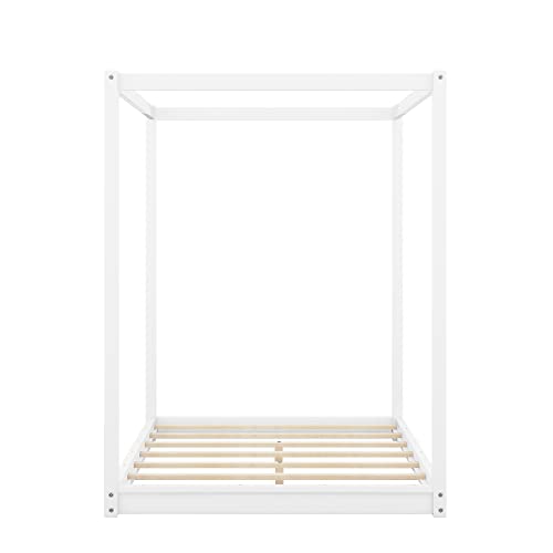 Harper & Bright Designs Full Canopy Bed Wood 4 Poster Panel Beds, Floor Bed Frame Full with Solid Wood Slat Support, Full Size Platform Bed for Kids Teens Adults, No Box Spring Needed, White