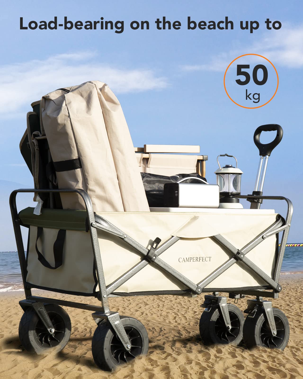 CAMPERFECT Beach Wagon with Big Wheels - All-Terrain Outdoor Cart for Camping, Sports, Shopping - Foldable Wagon with Adjustable Handle