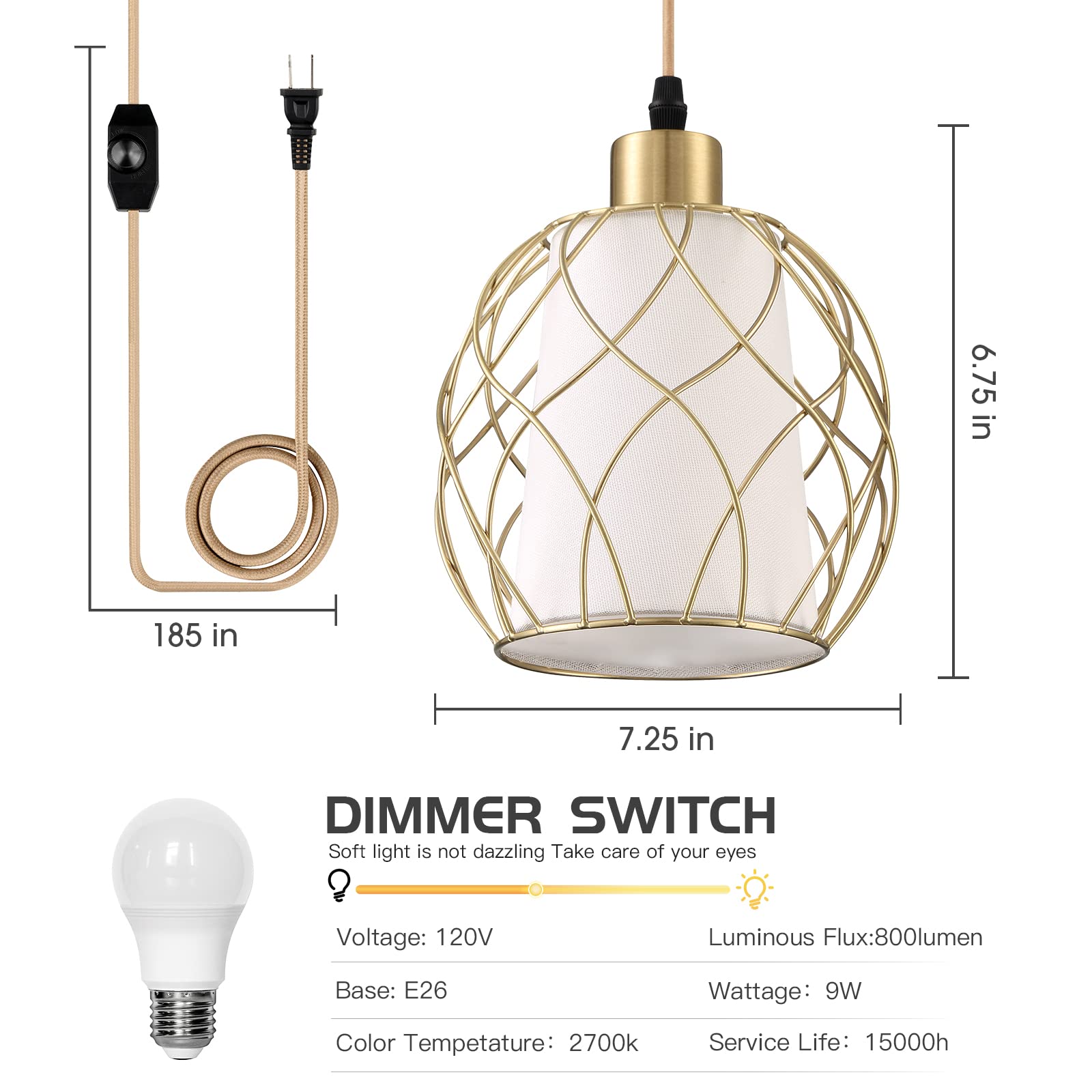 Ruzectt Plug in Pendant Light,Hanging Light with Plug in Cord,Gold Hanging Lamp with Dimmable Switch,15 ft Golden Cotton Cord,Hanging Light Fixture for Kitchen Living Room Bedroom (Bulb Included)