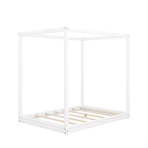 Harper & Bright Designs Full Canopy Bed Wood 4 Poster Panel Beds, Floor Bed Frame Full with Solid Wood Slat Support, Full Size Platform Bed for Kids Teens Adults, No Box Spring Needed, White