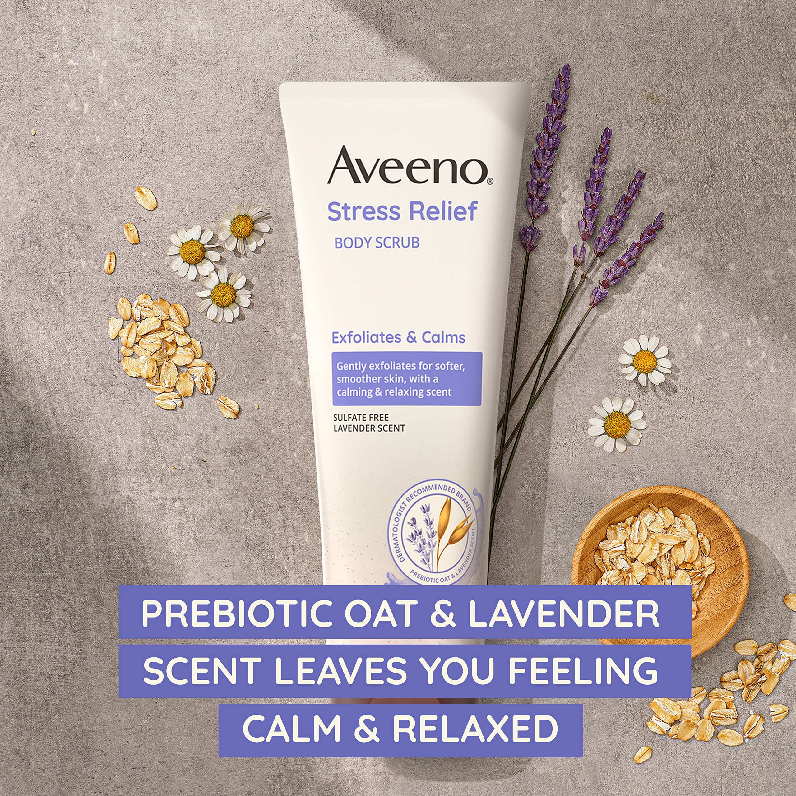 Aveeno Stress Relief Body Scrub, Exfoliating Body Wash for Softer, Smoother Skin, Formulated with Prebiotic Oat & Lavender Scent to Calm & Relax, Sulfate-Free & Soap-Free, 8 fl. oz