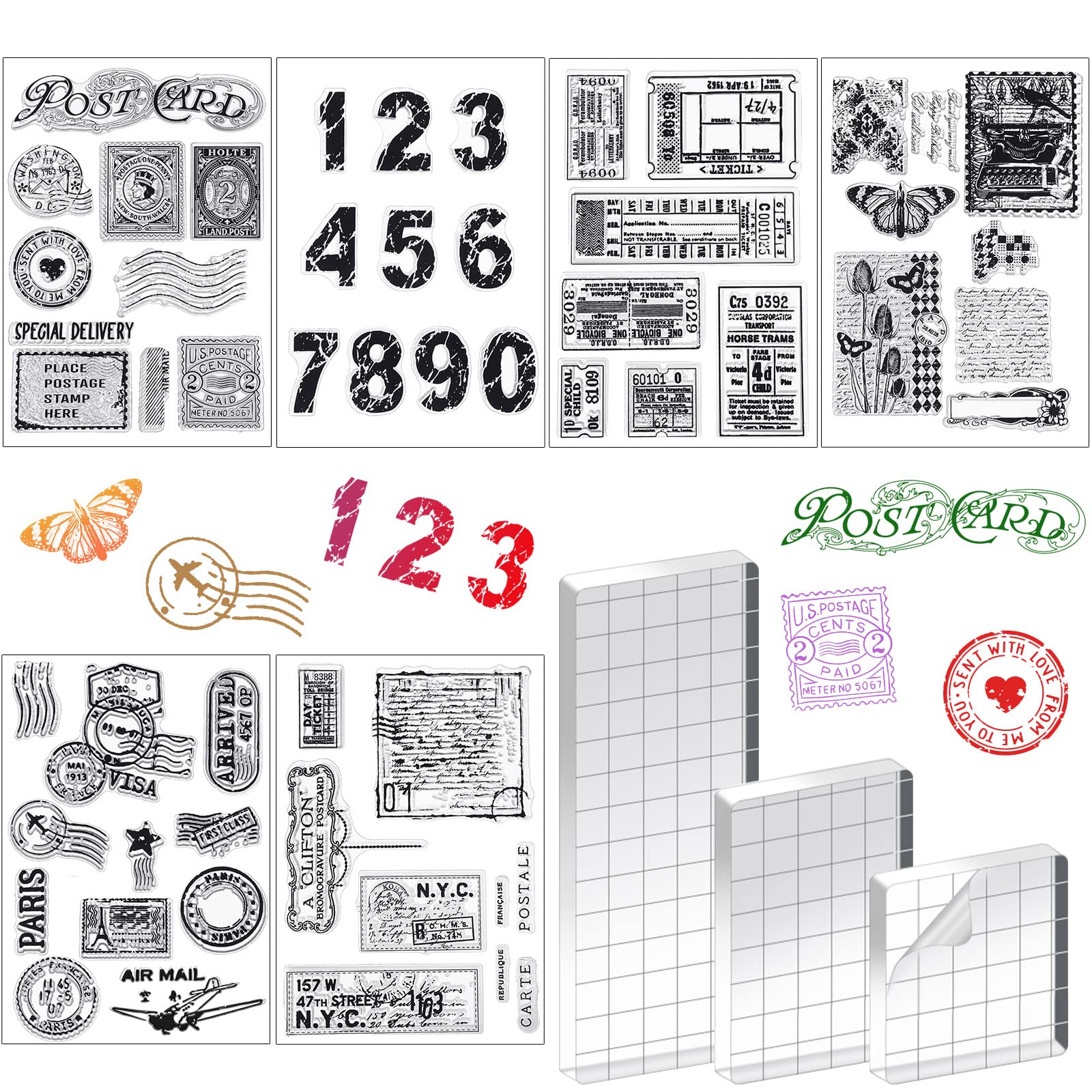 9 Pcs Vintage Clear Stamps Set, 6 Sheet Postage Rubber Stamps 3 Pcs Acrylic Block Tools with Grid Lines Postcard Butterflies Number Stamping for Making Scrapbooking Crafting DIY Card Journal Decor