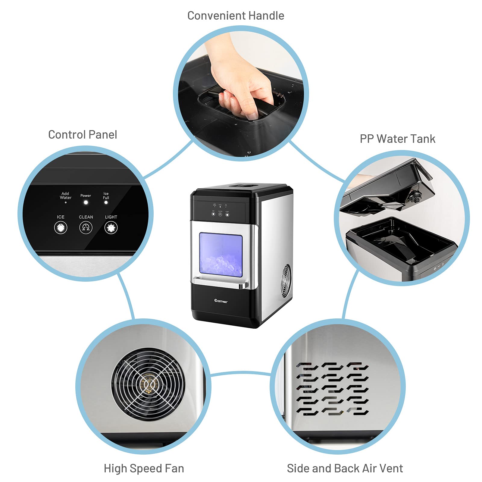 COSTWAY Nugget Ice Maker Countertop, 44 LBS Ice Makers with Built in Self-Cleaning, Intelligent Control Panel, Compressor and Ice Scoop, Portable Compact Ice Maker Machine for Party, Kitchen, Office