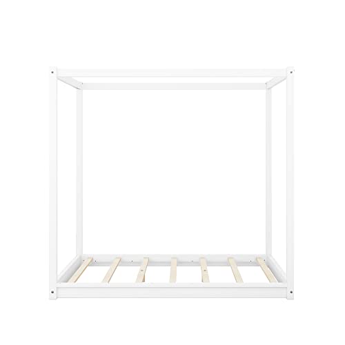 Harper & Bright Designs Full Canopy Bed Wood 4 Poster Panel Beds, Floor Bed Frame Full with Solid Wood Slat Support, Full Size Platform Bed for Kids Teens Adults, No Box Spring Needed, White