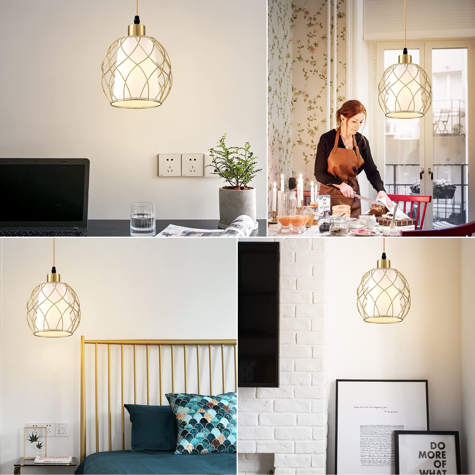 Ruzectt Plug in Pendant Light,Hanging Light with Plug in Cord,Gold Hanging Lamp with Dimmable Switch,15 ft Golden Cotton Cord,Hanging Light Fixture for Kitchen Living Room Bedroom (Bulb Included)