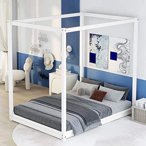 Harper & Bright Designs Full Canopy Bed Wood 4 Poster Panel Beds, Floor Bed Frame Full with Solid Wood Slat Support, Full Size Platform Bed for Kids Teens Adults, No Box Spring Needed, White