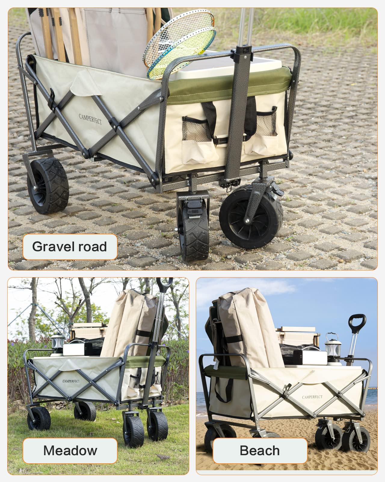 CAMPERFECT Beach Wagon with Big Wheels - All-Terrain Outdoor Cart for Camping, Sports, Shopping - Foldable Wagon with Adjustable Handle