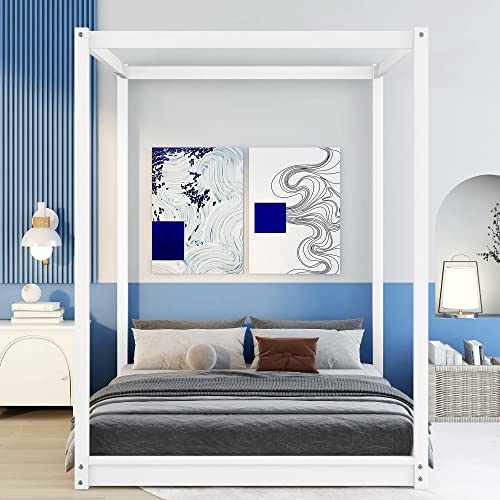 Harper & Bright Designs Full Canopy Bed Wood 4 Poster Panel Beds, Floor Bed Frame Full with Solid Wood Slat Support, Full Size Platform Bed for Kids Teens Adults, No Box Spring Needed, White