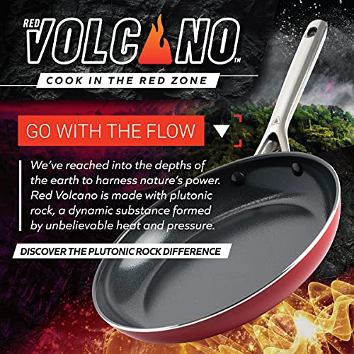 Red Volcano Textured Ceramic Nonstick, 14 Piece Cookware Pots and Pans Set with Stainless Steel Handles, PFAS PFOA & PTFE Free, Dishwasher Safe, Oven & Broiler Safe to 600 Degrees, Red