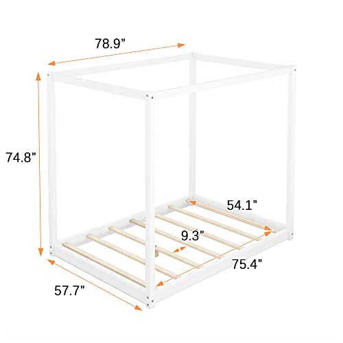 Harper & Bright Designs Full Canopy Bed Wood 4 Poster Panel Beds, Floor Bed Frame Full with Solid Wood Slat Support, Full Size Platform Bed for Kids Teens Adults, No Box Spring Needed, White