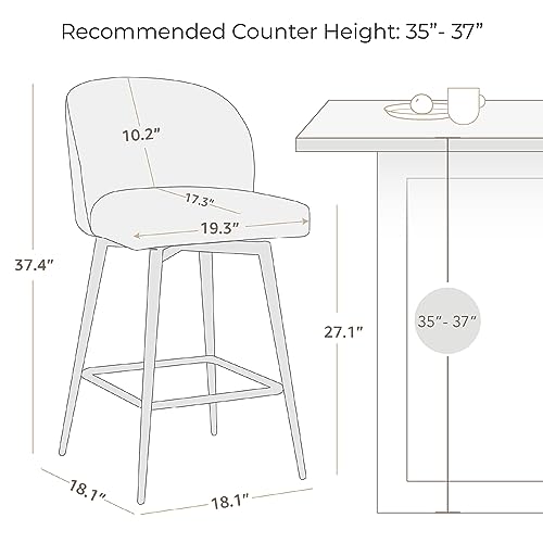 Watson & Whitely Counter Height Bar Stools Set of 2, 360° Swivel Upholstered Barstools with Backs and Metal Legs, 26" H Seat Height, Fabric in White (Multi-Colored)