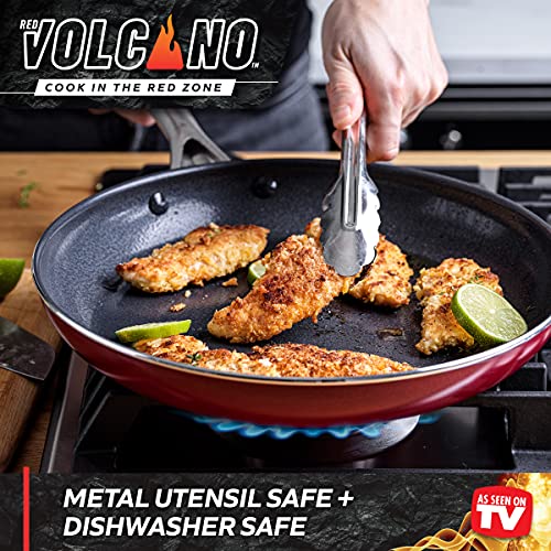 Red Volcano Textured Ceramic Nonstick, 14 Piece Cookware Pots and Pans Set with Stainless Steel Handles, PFAS PFOA & PTFE Free, Dishwasher Safe, Oven & Broiler Safe to 600 Degrees, Red
