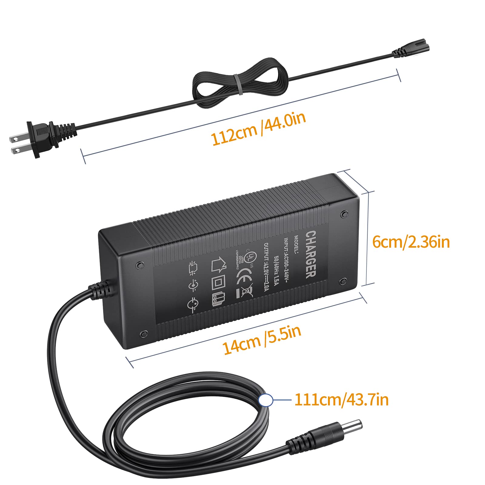 SoulBay 42V Electric Scooter Charger for Hover-1 Gotrax Scooters 36V Lithium Battery Bike E-Bike, AC 100-240V to DC 42V 2A Battery Charger Replacement, 1 Prong 5.5mm Round Tip