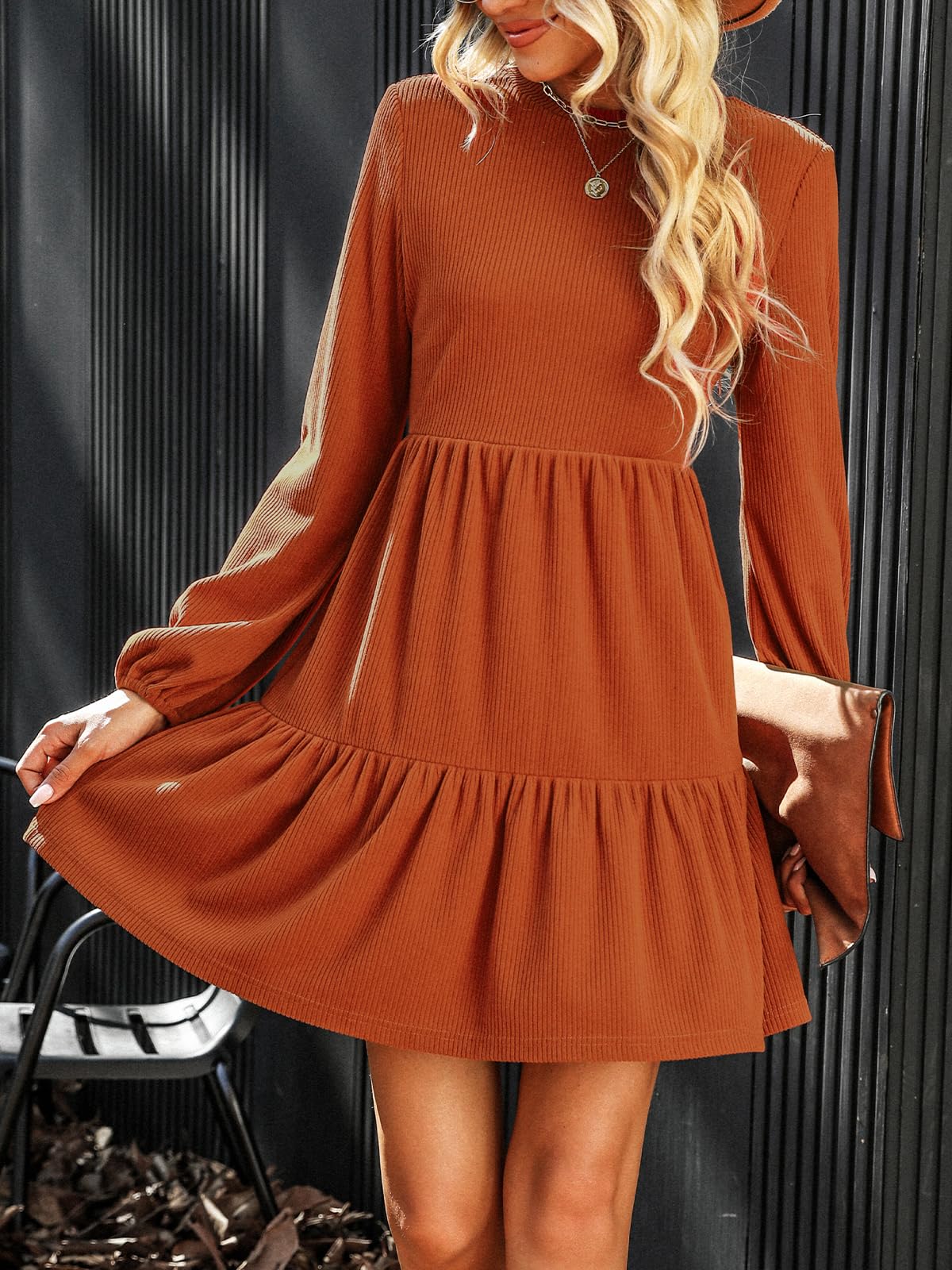 CUPSHE Women's Knitted Dresses Casual Long Sleeve Crew Neck Flowy Tiered Burnt Orange