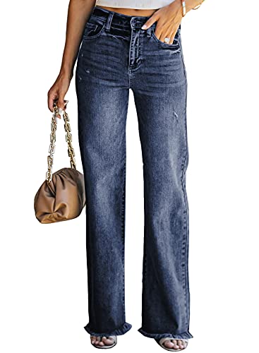 Dokotoo Womens Flare Jeans High Waisted Stylish Vintage Washed Frayed Hem Straight Wide Leg Denim Pants Jeans for Women Blue Size US 18