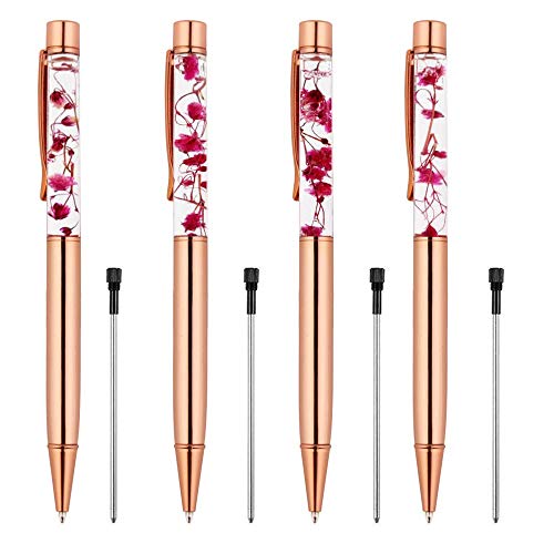 Ubabe Rose Gold Ballpoint Pen,4 Pieces Metal Ball Pens Dynamic Liquid Flower Pen Black Ink Pen Refills for Office Rose Gold Desk Supplies