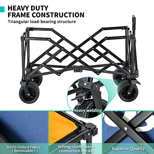 EchoSmile Collapsible Folding Wagon Cart, Beach Wagon for Sand with Big Wheels, Heavy Duty 400lbs Capacity Utility Wagon, Portable Garden Cart with Adjustable Handle, Foldable Grocery Wagon for Sports
