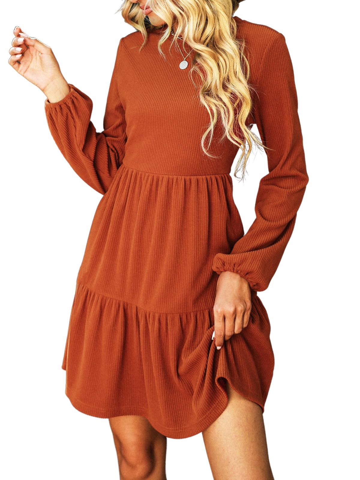 CUPSHE Women's Knitted Dresses Casual Long Sleeve Crew Neck Flowy Tiered Burnt Orange