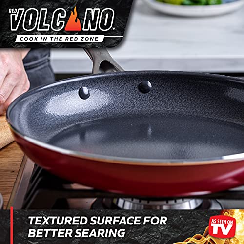 Red Volcano Textured Ceramic Nonstick, 14 Piece Cookware Pots and Pans Set with Stainless Steel Handles, PFAS PFOA & PTFE Free, Dishwasher Safe, Oven & Broiler Safe to 600 Degrees, Red