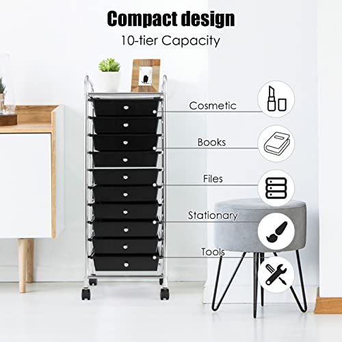 10-Drawer Rolling Storage Craft Cart and Organizer - Rolling Organizer Cart Tools and 4 Universal Casters (Black)
