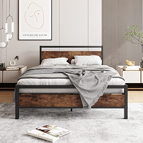 HOJINLINERO Full Size Bed Frame with Headboard, Heavy Duty Platform Bed Frame Full Reinforced Steel Square Tube Platform Strong Slats Support/No Box Spring Needed,Black