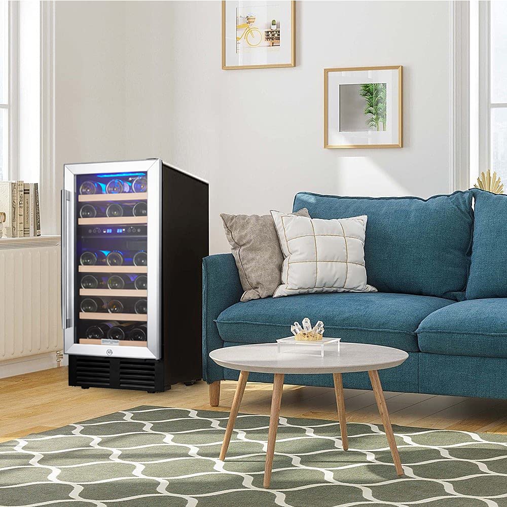 15 Inch Wine Cooler Refrigerators, 28 Bottle Fast Cooling Low Noise and No Fog Wine Fridge with Professional Compressor Stainless Steel, Digital Temperature Control Screen Built-in or Freestanding