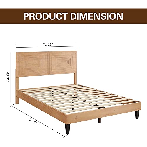 MUSEHOMEINC Mid Century Modern Solid Wood Platform Bed,King Size Bed Frame with Adjustable Height Headboard, Wood Slat Support Bed Frame, Bed Frame No Box Spring Needed